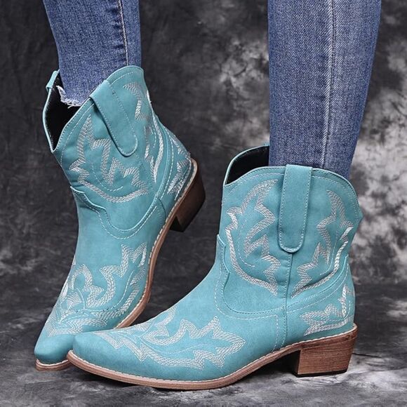 Shoes | Boho Cowgirl Turquoise Vegan Leather Boots Booties | Poshmark